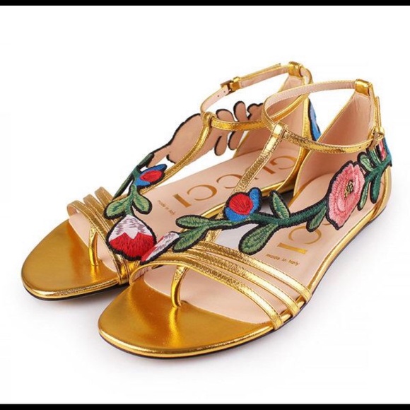 Gucci | Shoes | Gucci Ophelia Floral Embroidered Sandals In Gold | Poshmark